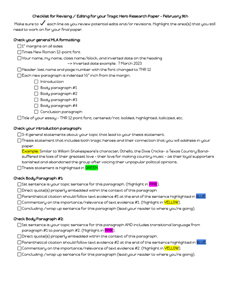 Research Paper-Editing and Revising Checklist (Johnson) | PDF ...