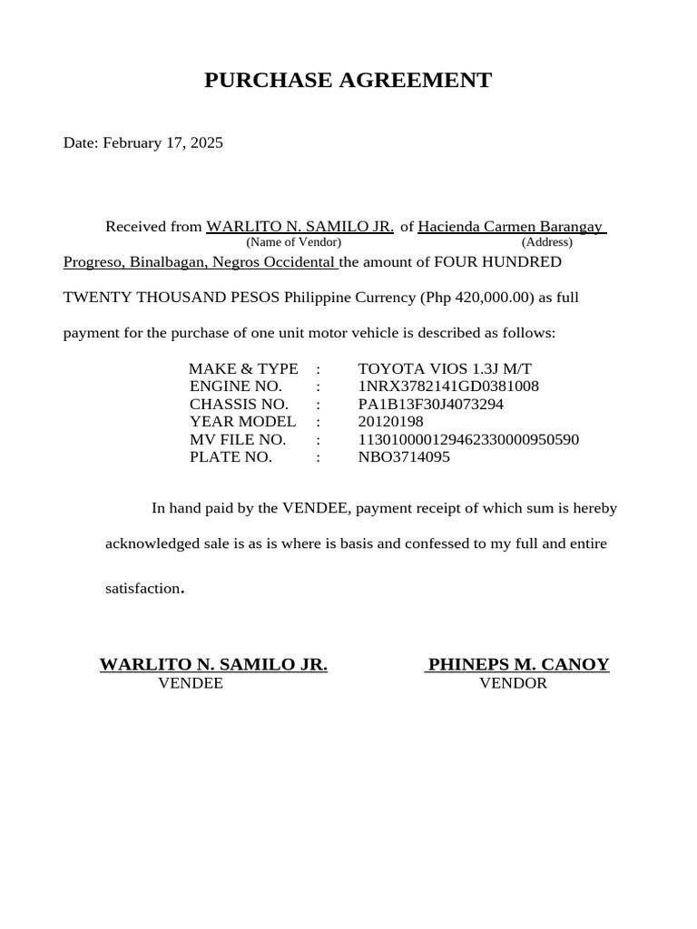 Purchase Agreement For Buying | PDF