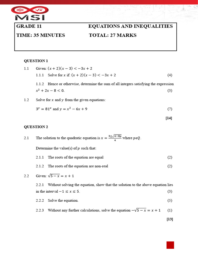 Grade 11 Equations & Inequalities Exam | PDF