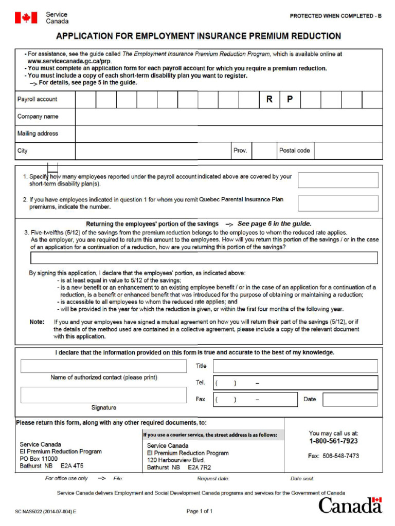 Application For Employment Insurance Premium Reduction-En BLANK | PDF