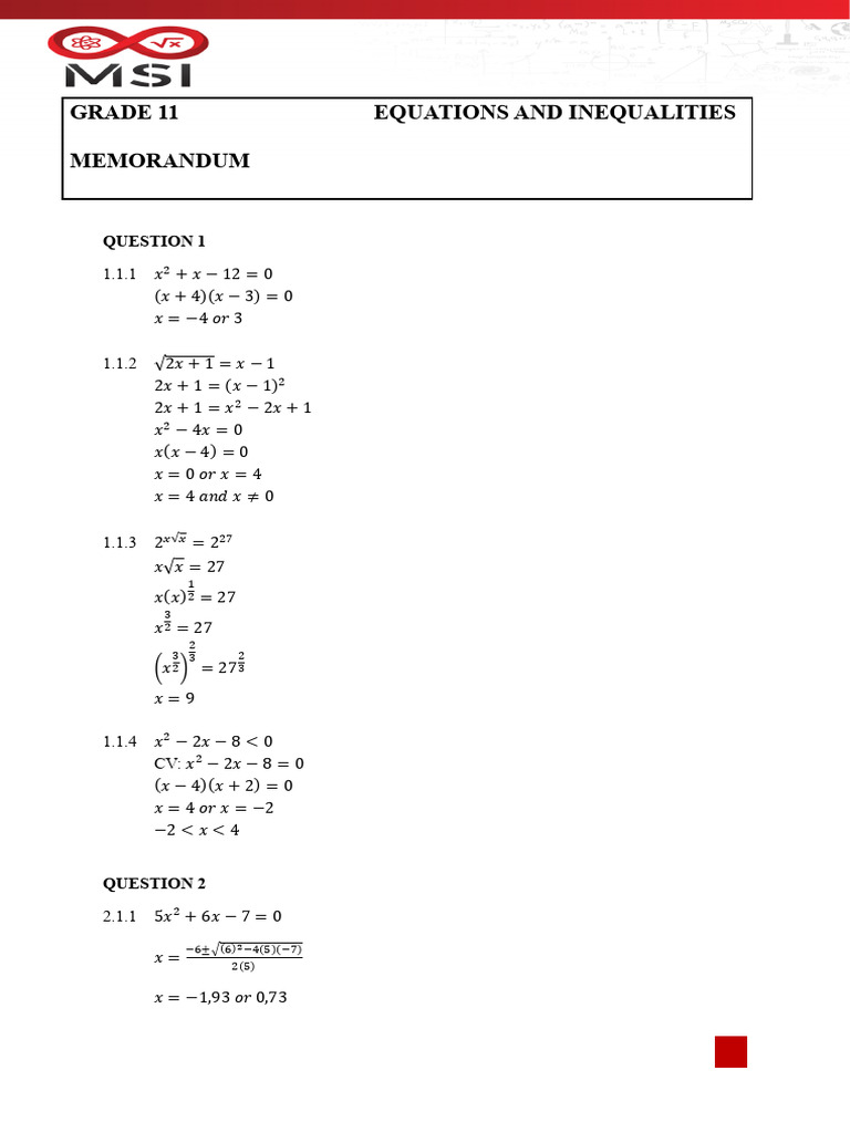 Grade 11 Equations and Inequalities Solutions | PDF