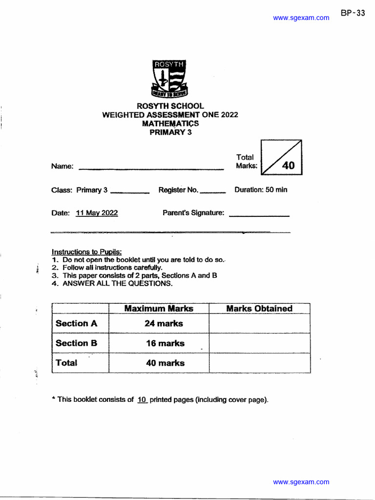 2022 P3 Maths Weighted Assessment 1 Rosyth | PDF