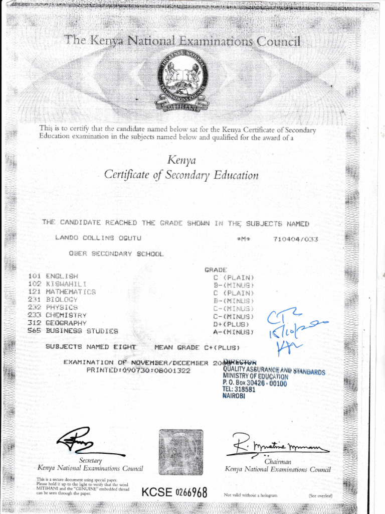 Collins Ogutu Lando Certified KCSE Certificate | PDF