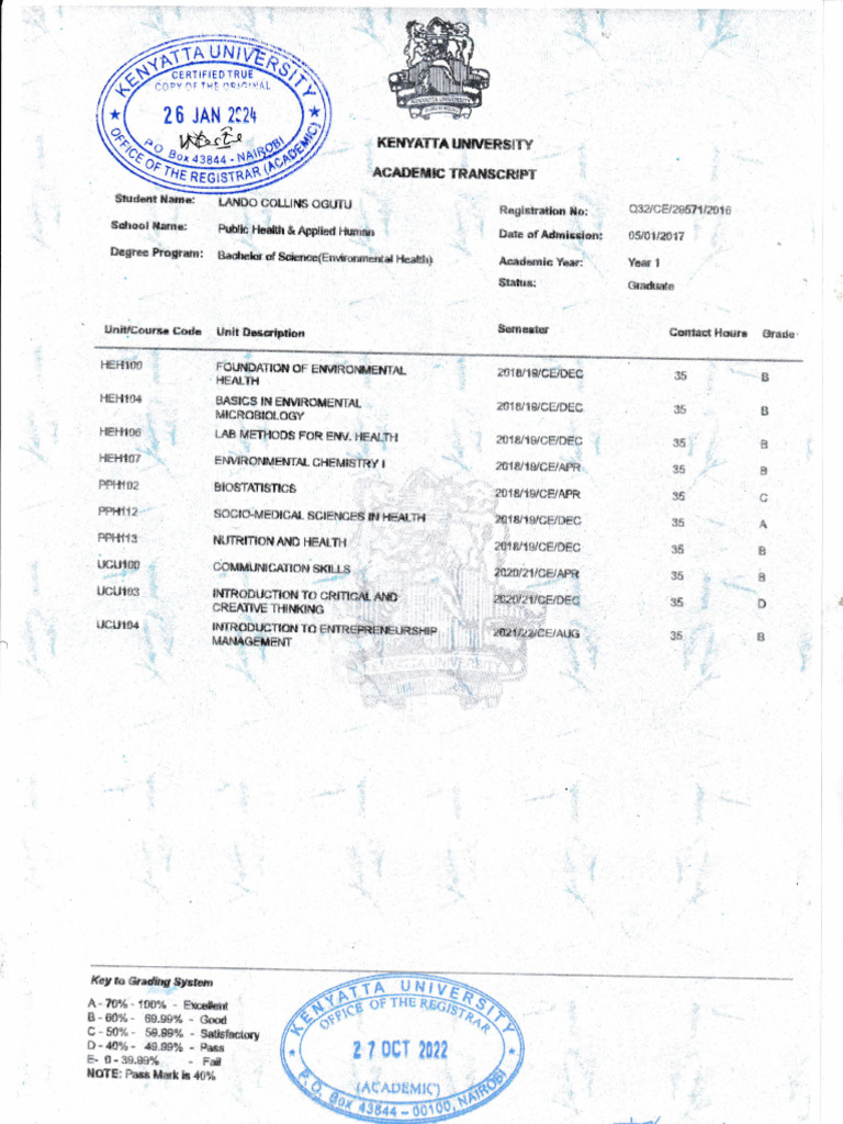 Collins Ogutu Lando Certified Copy of Academic Transcripts | PDF