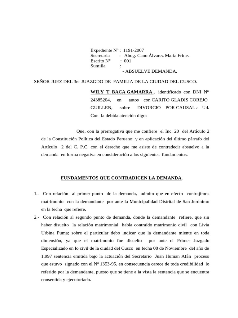 contestación demanda de Wily Tomas Baca. | PDF | Demanda judicial ...