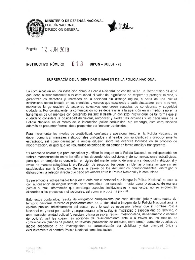 Instructivo No. 013 DIPON-COEST Del 120619 | PDF