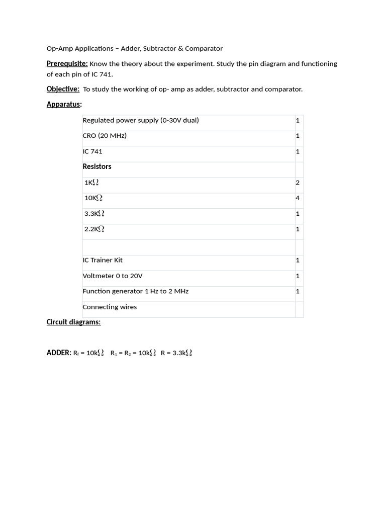 Adder Subtractor Opamp | PDF | Operational Amplifier | Electrical Components
