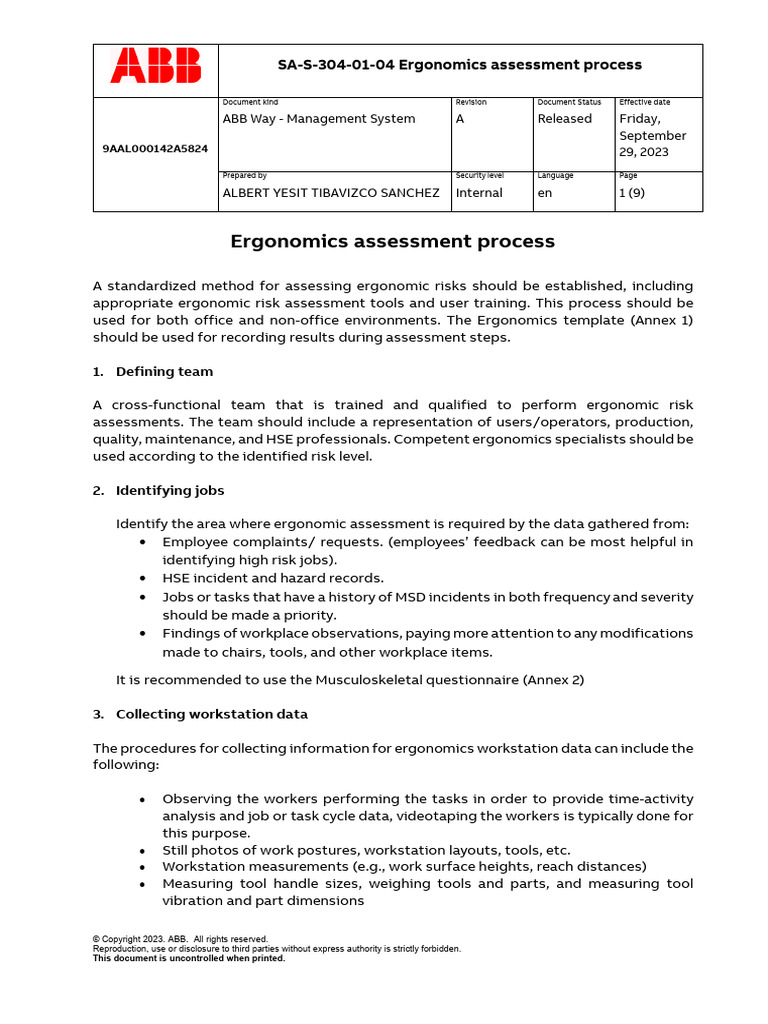 SA-S-304-01-04 Ergonomics assessment process | PDF | Risk | Risk Assessment