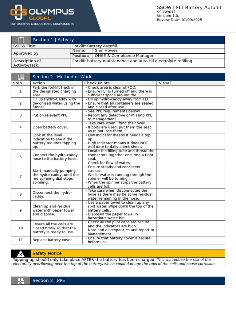 SSOW-011 FLT Battery Refilling V.1.0. (09-2024) | PDF | Materials | Safety