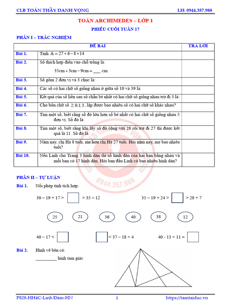 Toan 1 - Archimedes - Tuan 17 | PDF