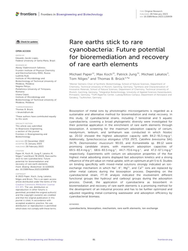 Rare Earths Stick To Rare Cyanobacteria Future Potential For Bioremediation and Recovery of Rare ...