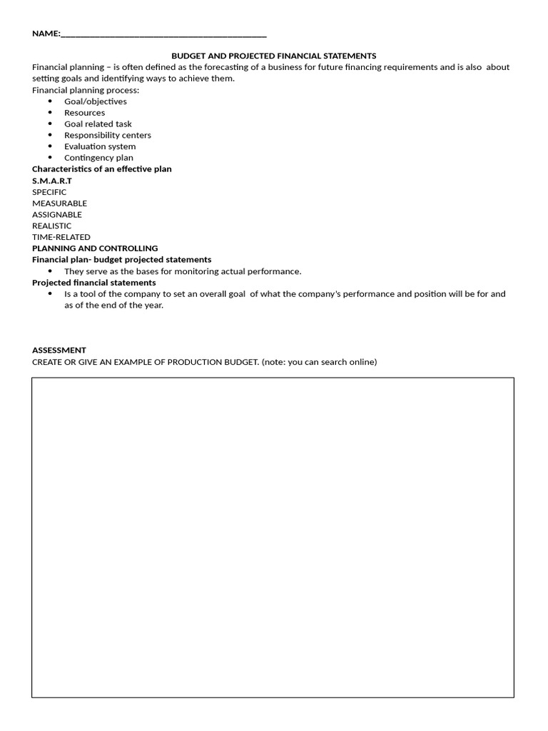 Budget and Projected Financial Statements | PDF