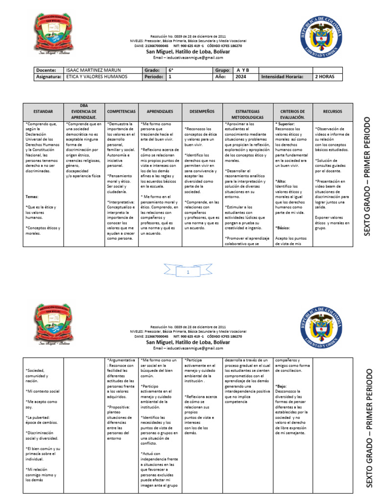 MALLA CURRICULAR ETICA Y VALORES 2024 IE SAN MIGUEL-PARA REVISION | PDF | Educación de la ...