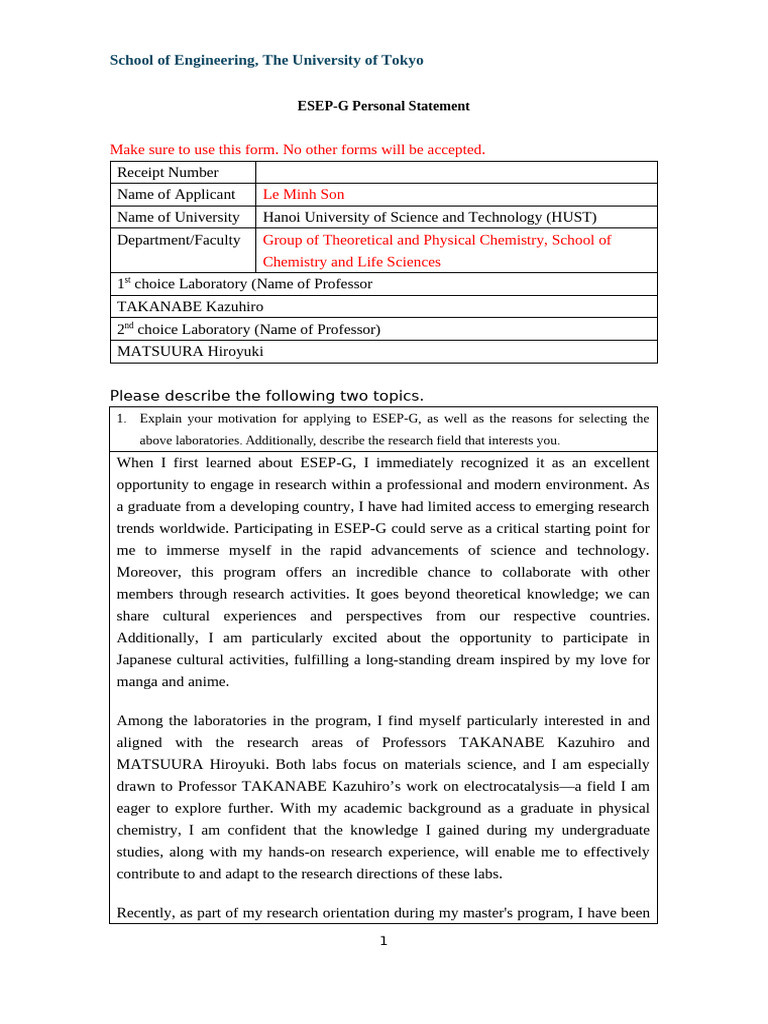 Personal Statement ESEP-G2025 | PDF