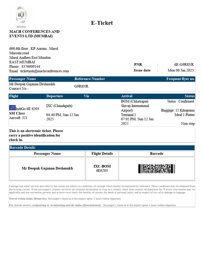 IndiGo Flight Ticket for Deepak Deshmukh | PDF | Airlines | Transport