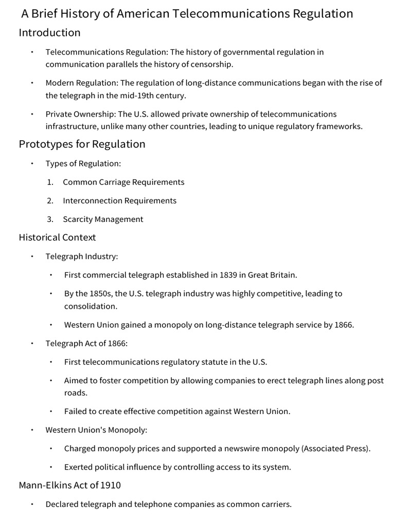 A Brief History of American Telecommunications Regulation - Notes | PDF ...