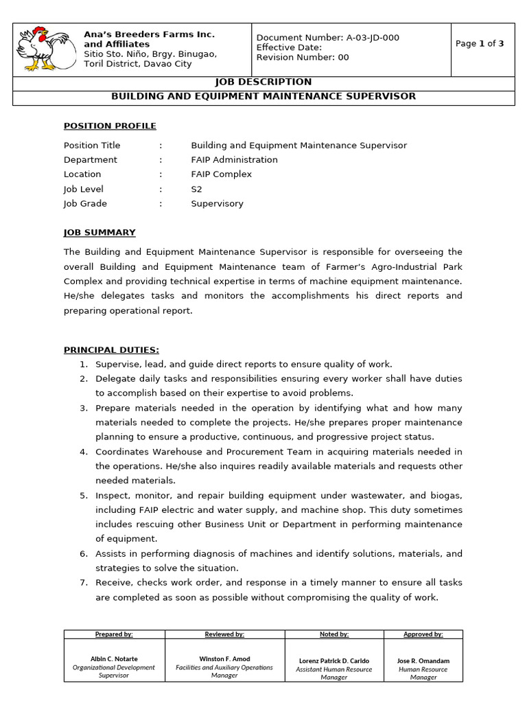 A-03-JD-000 (FAIP) - Building and Equipment Maintenance Supervisor | PDF | Occupational Safety ...