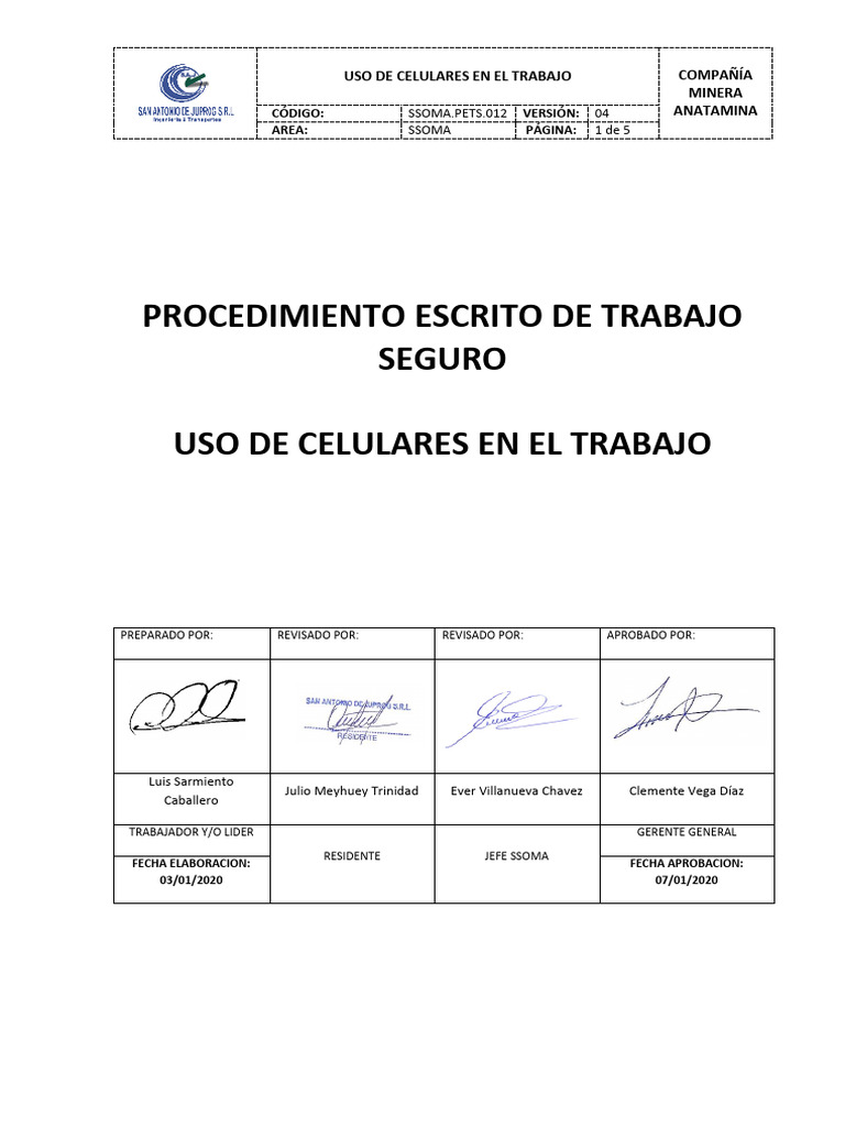 2.4.SSOMA - PETS.012 - Uso de Celulares en El Trabajo 2020 | PDF ...