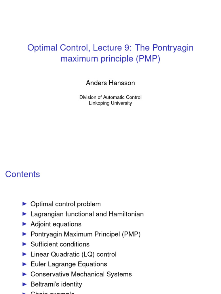 Optimal Control, Lecture 9, The Pontryagin maximum principle (PMP) | PDF | Lagrangian Mechanics ...