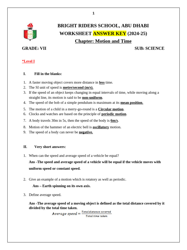 Ans - Key-Worksheet-Motion and Time | PDF | Speed | Pendulum