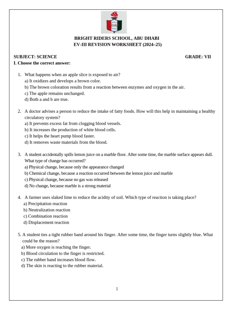 Gr-7 - EV3 - Revision WS - Science - 24-25 | PDF | Blood | Chemical Reactions