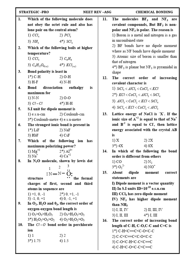 3a.CHEMICAL BONDING NEET REV-ASG 2024-25 BATCH - KEY - 095203 | PDF ...