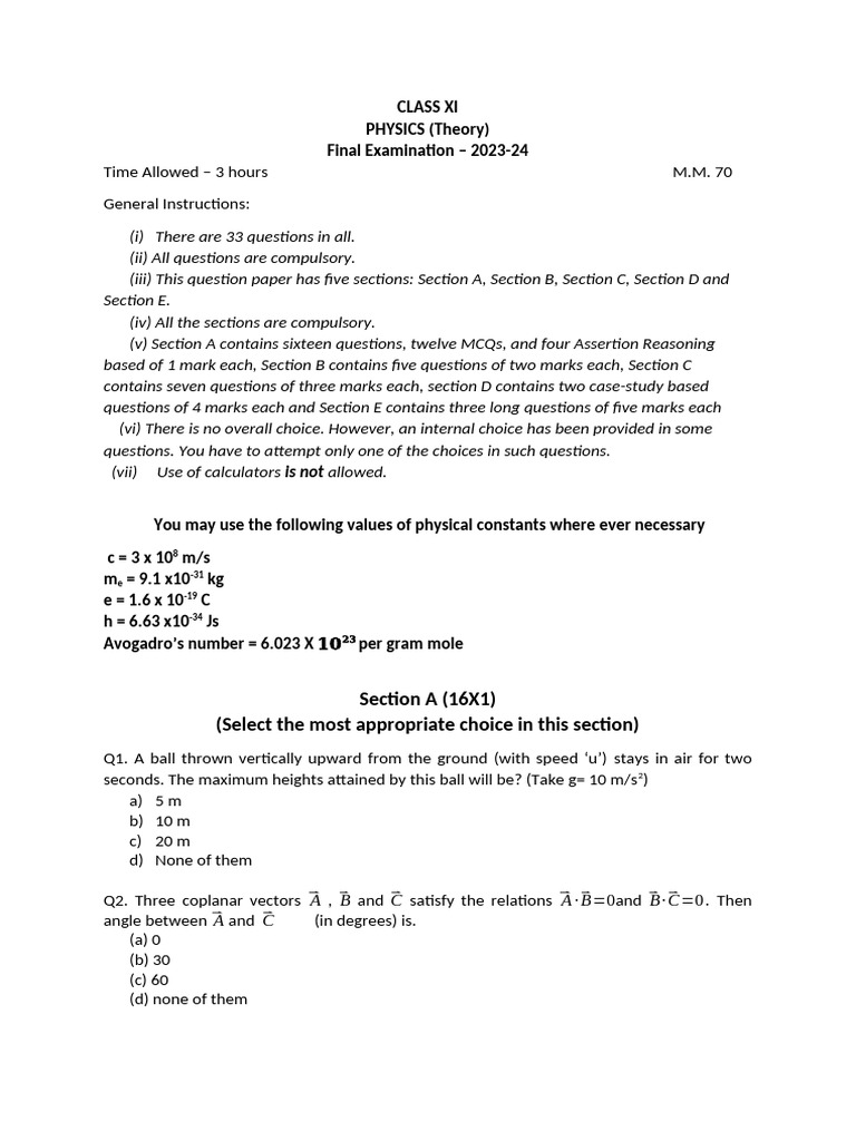 11-Phy-Final-Exam-QP-2023-24 2 | PDF | Gases | Momentum