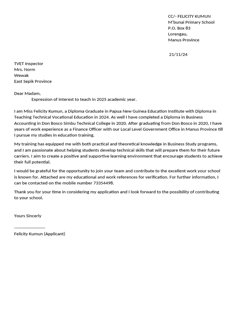 Felicity Kumun - Intrest Letter | PDF