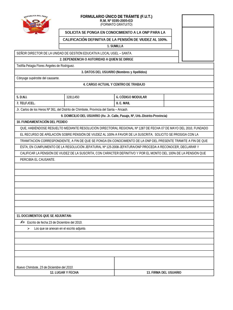 Solicitud de Pensión de Viudez al 100% | PDF