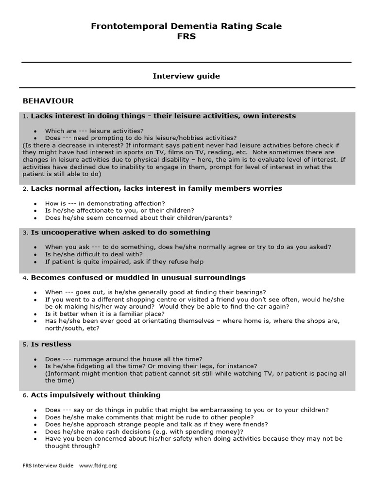 Frontotemporal Dementia Rating Scale Frs-Interview-Guide | PDF | Meal ...