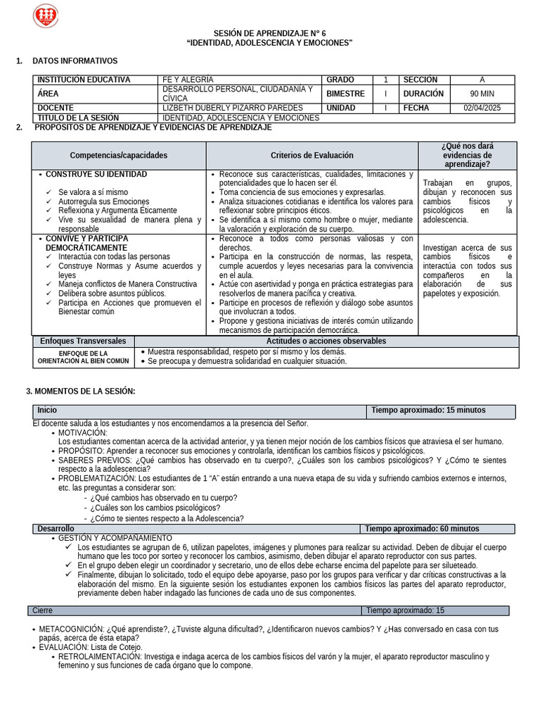 Sesión de Aprendizaje - DPCC 1A (02-04) | PDF | Aprendizaje | Las emociones