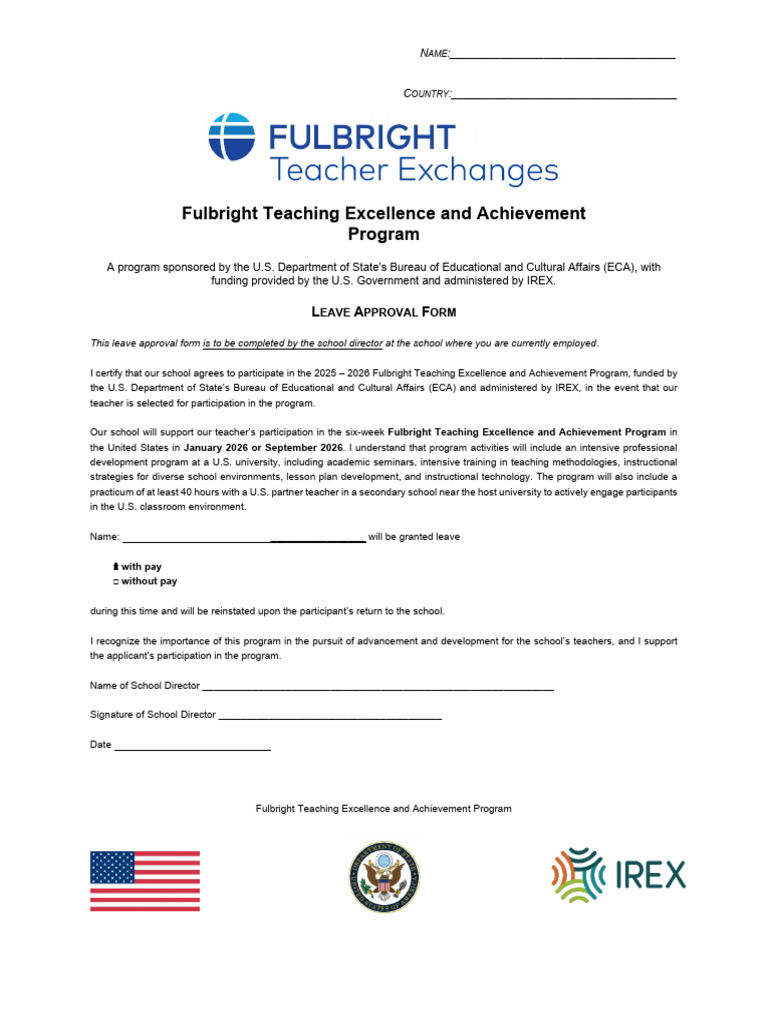 FY25 Fulbright TEA Leave Approval Form | PDF | Teachers | Education Theory