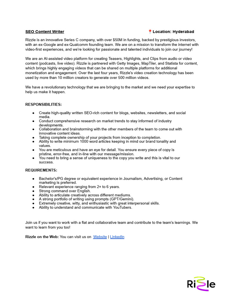 SEO Content Writer JD .Docx (2)-1 | PDF | Communication | Mass Media