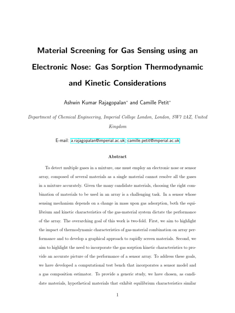 Material Screening For Gas Sensing Using An Electronic Nose Gas Sorption Thermodynamic and ...
