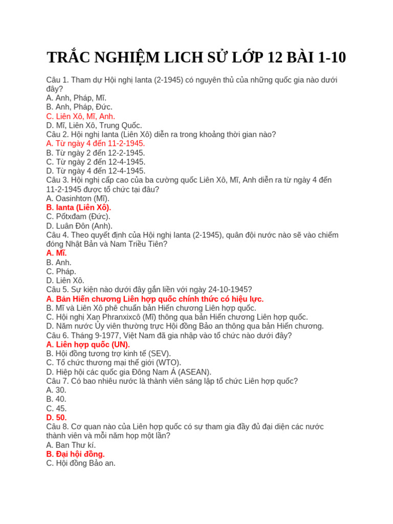 Trac Nghiem Lich Su 12 | PDF