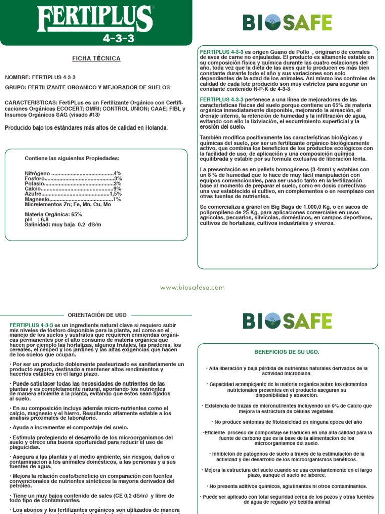 Ficha Técnica Fertiplus 4-3-3 | PDF | Fertilizante | Suelo