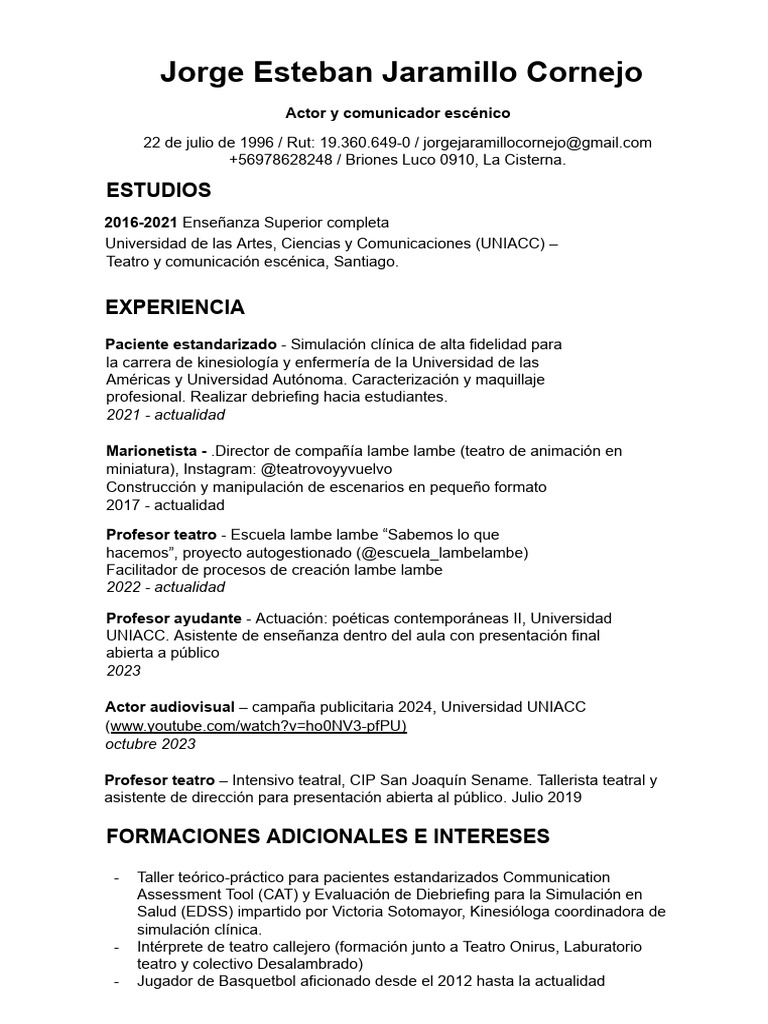 CV Artístico Jorge Jaramillo 2024 | PDF