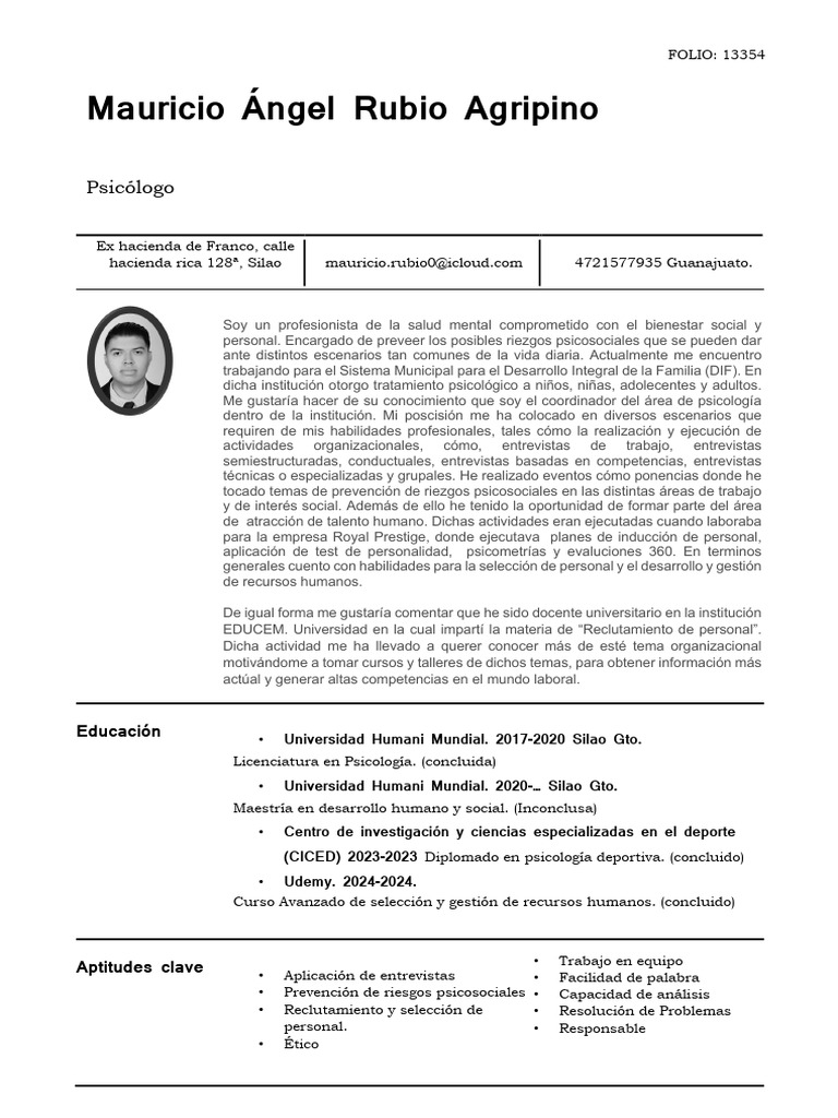 CV Mauricio Rubio | PDF | Sicología | Gestión de recursos humanos
