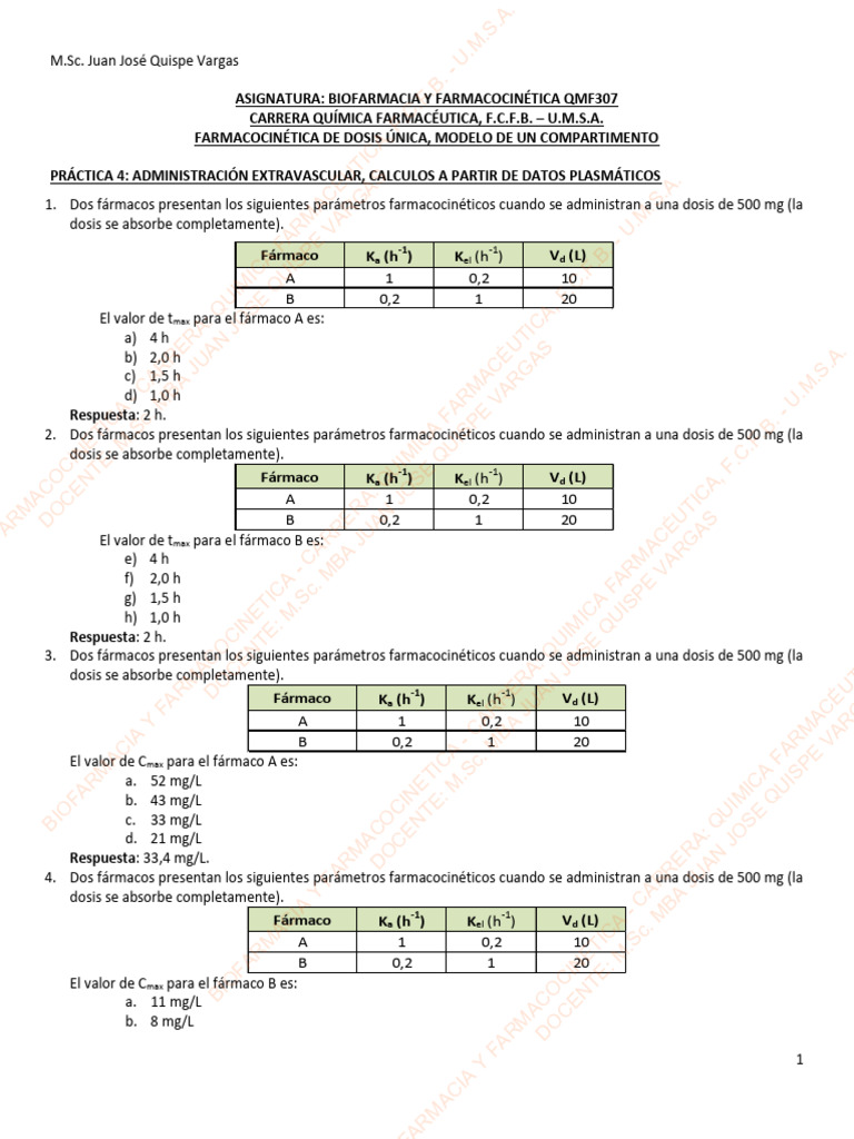 Ejercicios Ev (1 Comp) | PDF | Farmacocinética | Biodisponibilidad