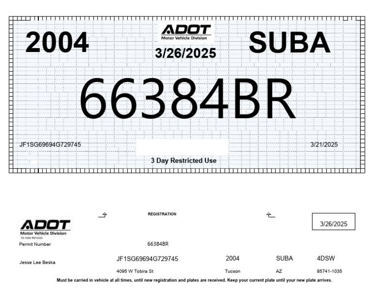 Arizona Temporary License Plate Details | PDF