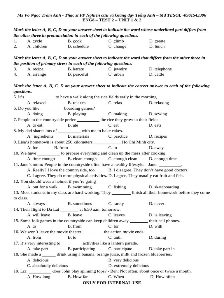 Eng8 U1 - U2 - T2 (HS) - Form 40 Câu | PDF