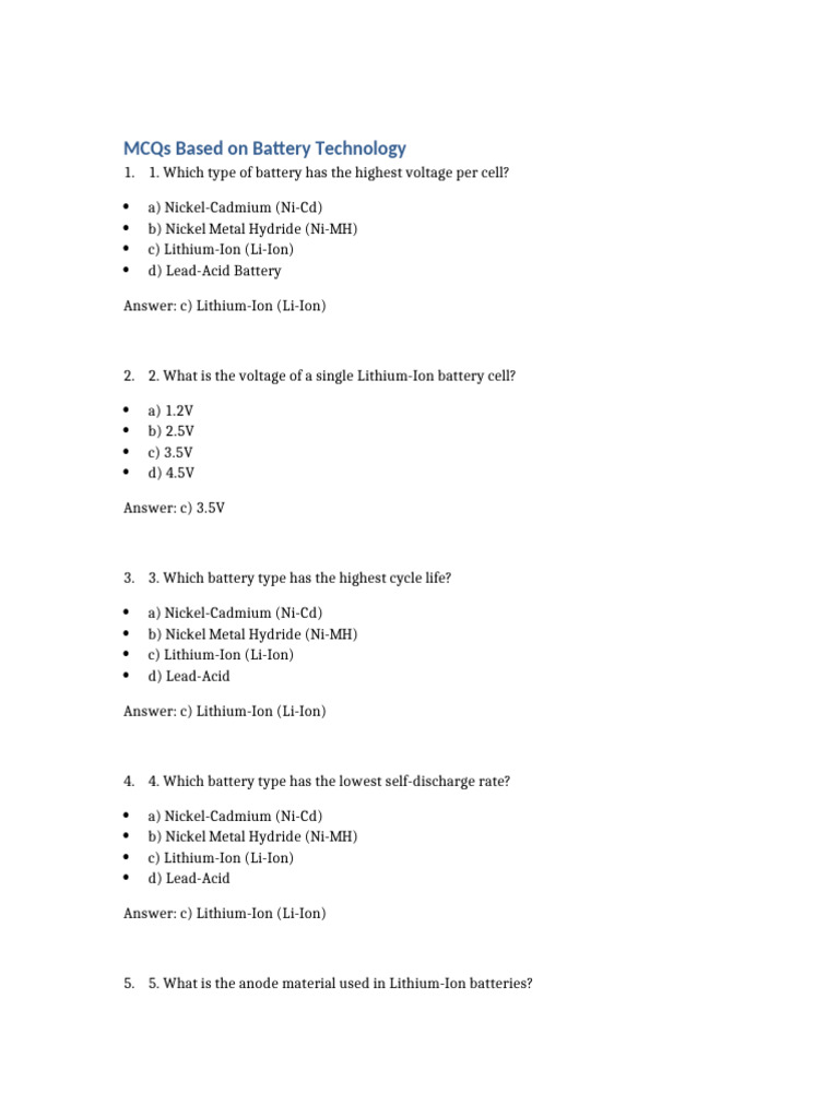 Battery Technology MCQs and Answers | PDF