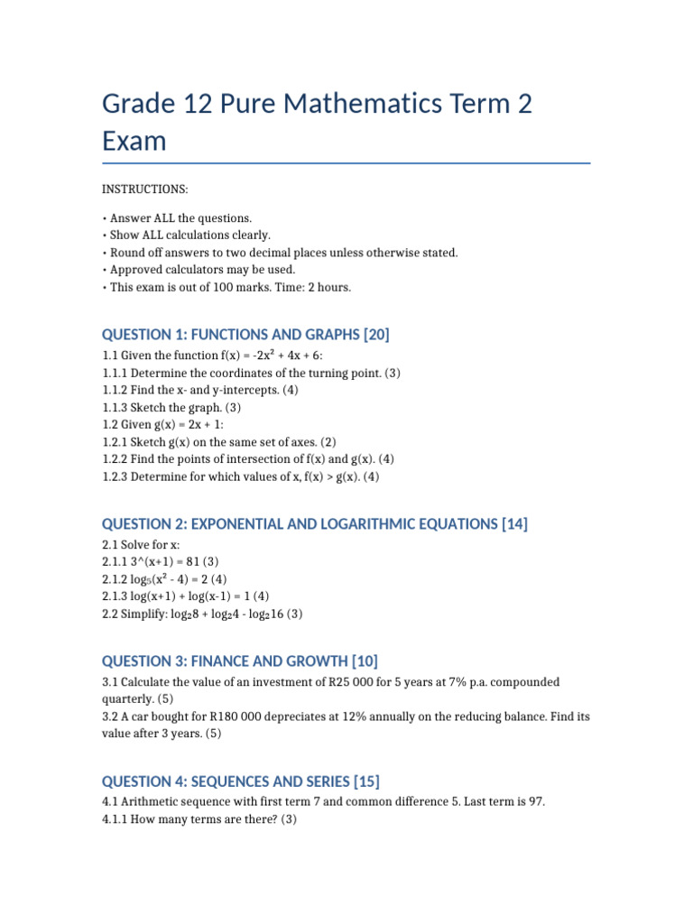 Grade 12 Pure Maths Term 2 Exam | PDF