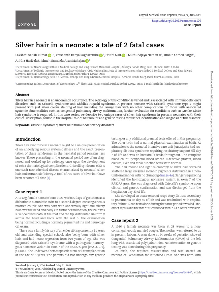Neonatal Silver Hair Syndrome Cases | PDF | Clinical Medicine ...