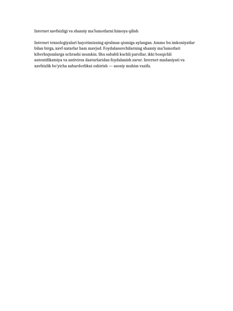 Internet Xavfsizligi Va Shaxsiy Malumotlar | PDF