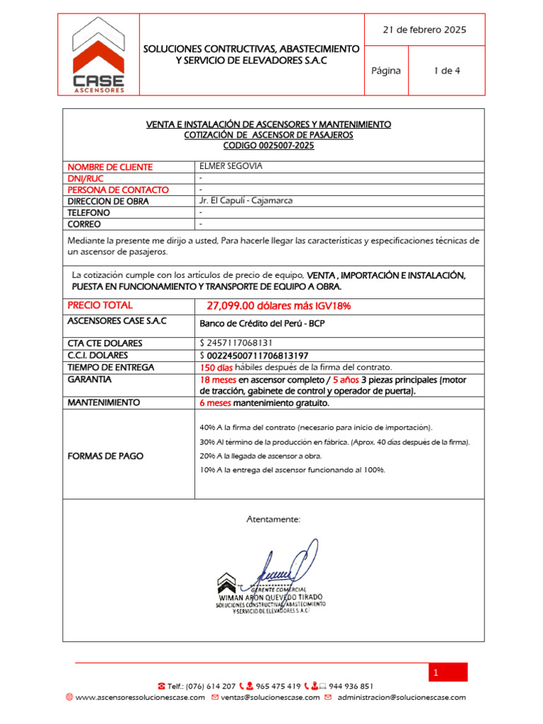 COTIZACION N°0025007-2025 EL CAPULÍ | PDF | Ascensor