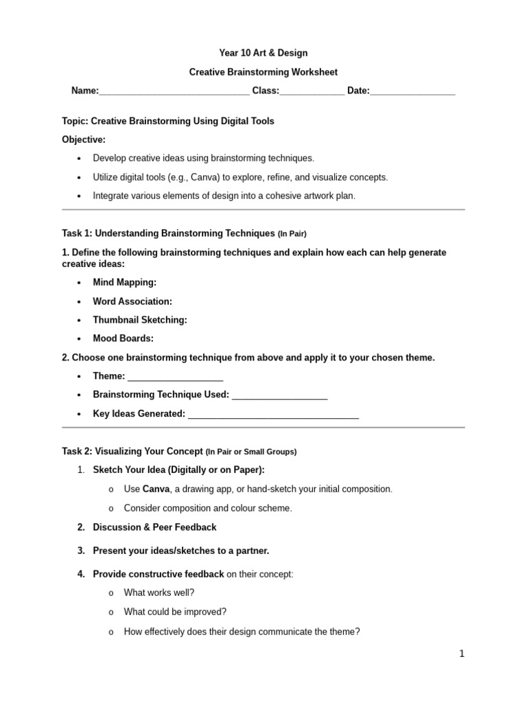 Digital Creative Brainstorming Worksheet | PDF | Brainstorming ...