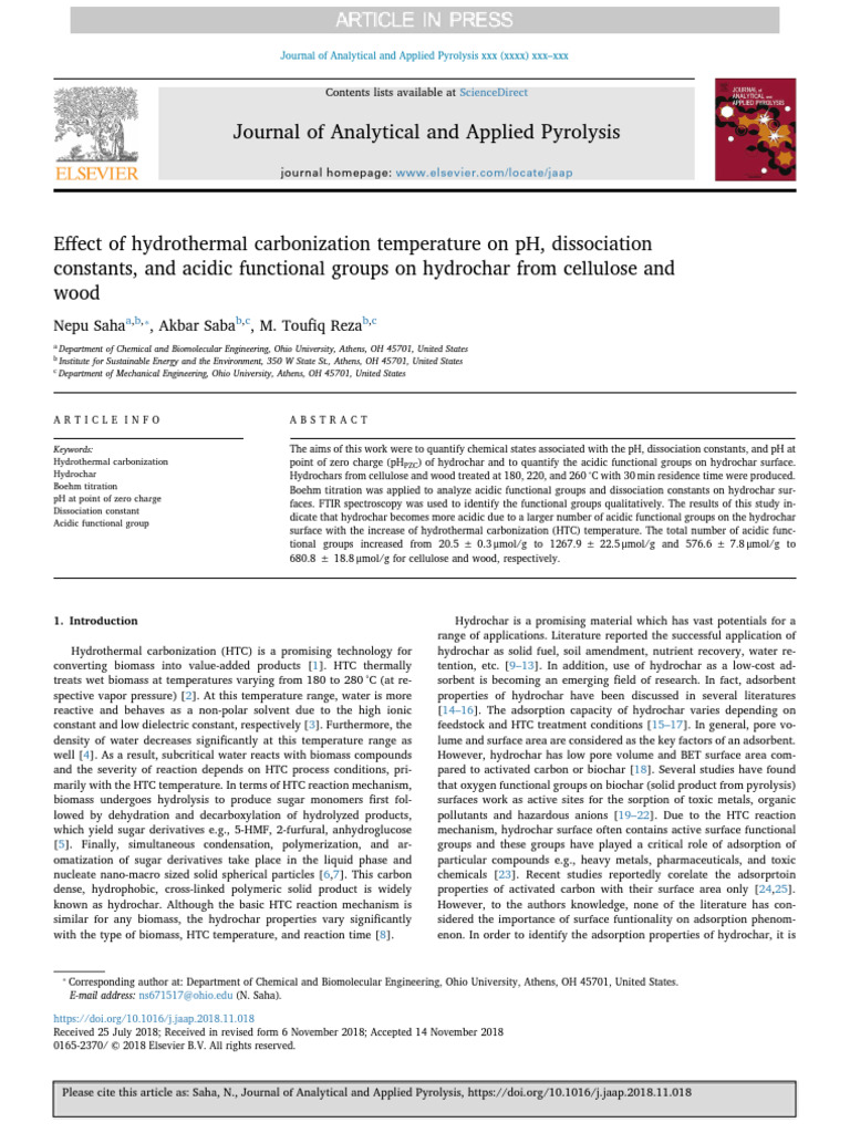 Effect of Hydrothermal Carbonization Temperature On PH, Dissociation | PDF | Adsorption | Acid ...