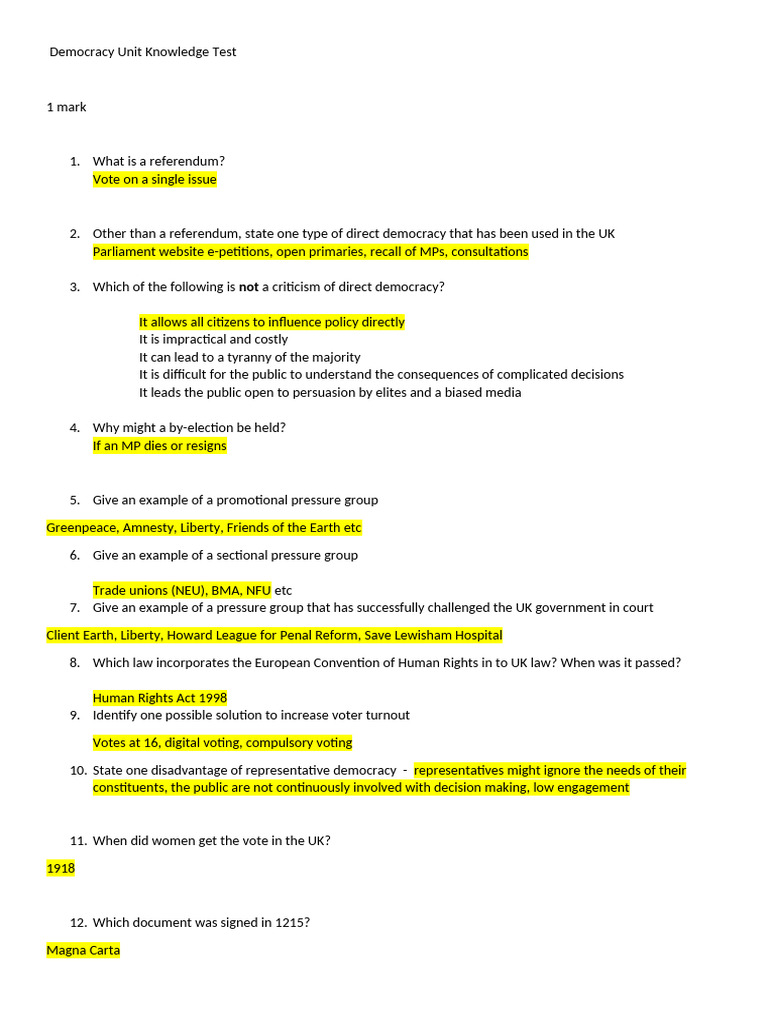 Democracy Unit Knowledge Test Answers | PDF | Democracy | Political ...