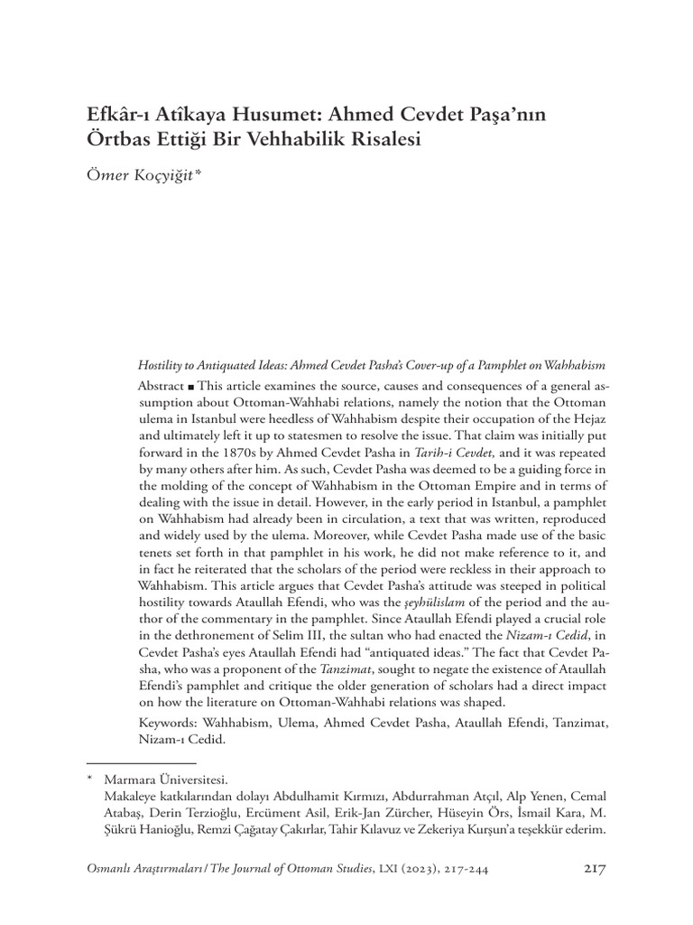 Efkâr-I Atîkaya Husumet Ahmed Cevdet Paşa'Nın Örtbas Ettiği Bir ...